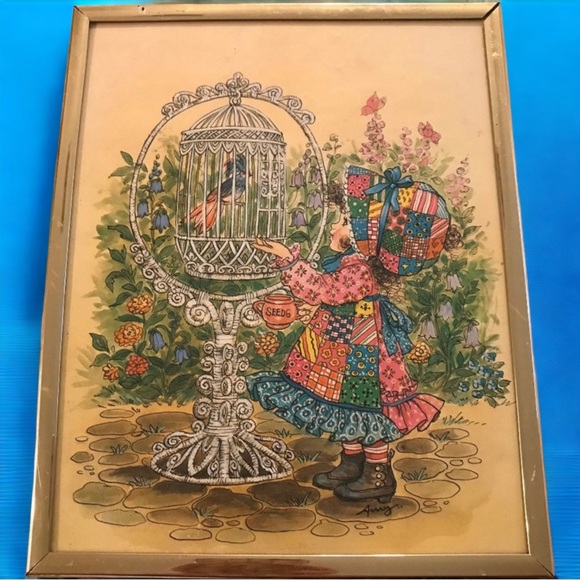 Vintage | Wall Decor | Retro Girl In Patchwork Dress And Bonnet Framed ...